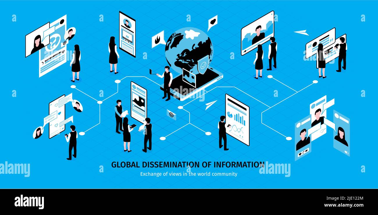 Isometric social media horizontal concept with global dissemination of ...