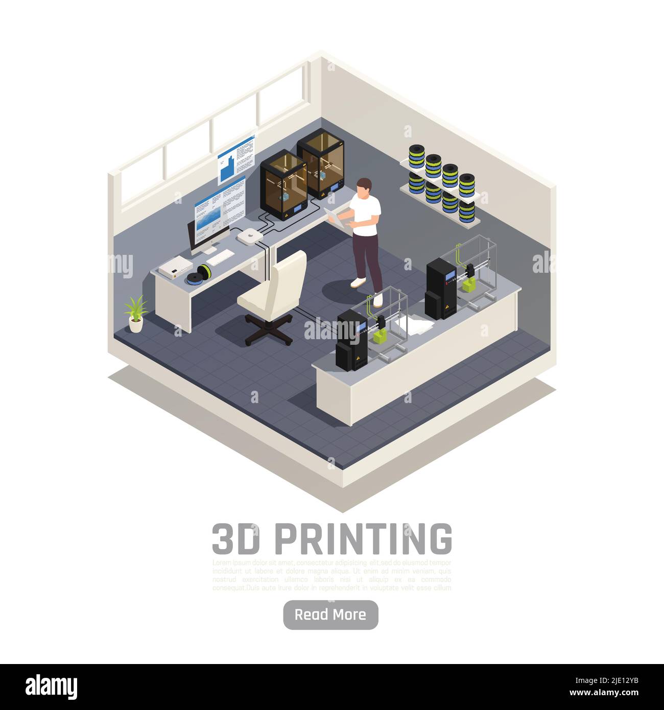 Isometric composition with engineer working with 3d printers vector ...