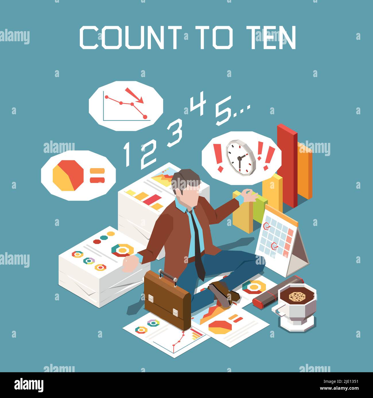Stress management concept with count to ten strategy symbols isometric ...