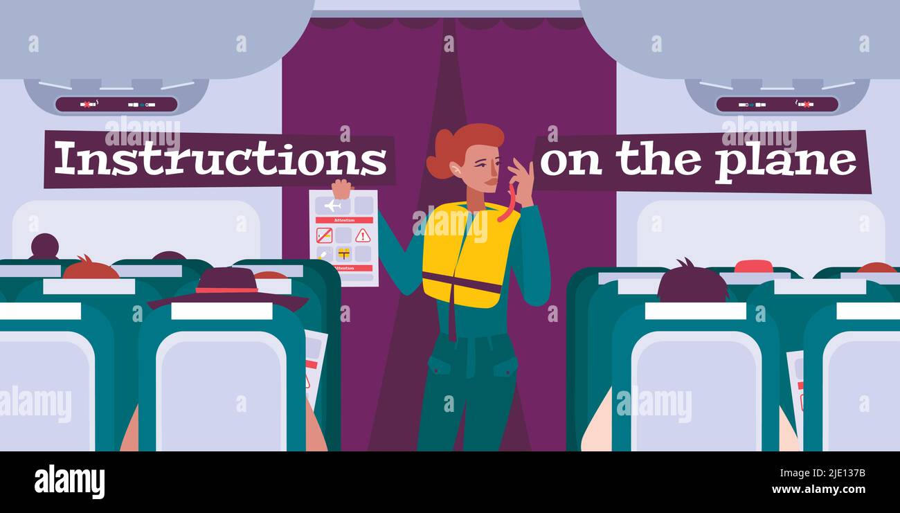 Airplane Briefing Flat Background With Female Flight Attendant Giving Safety Rules Instructions