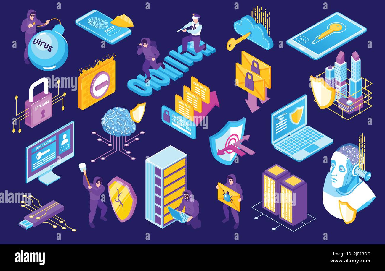 Isometric cybersecurity horizontal set of isolated icons and robber ...