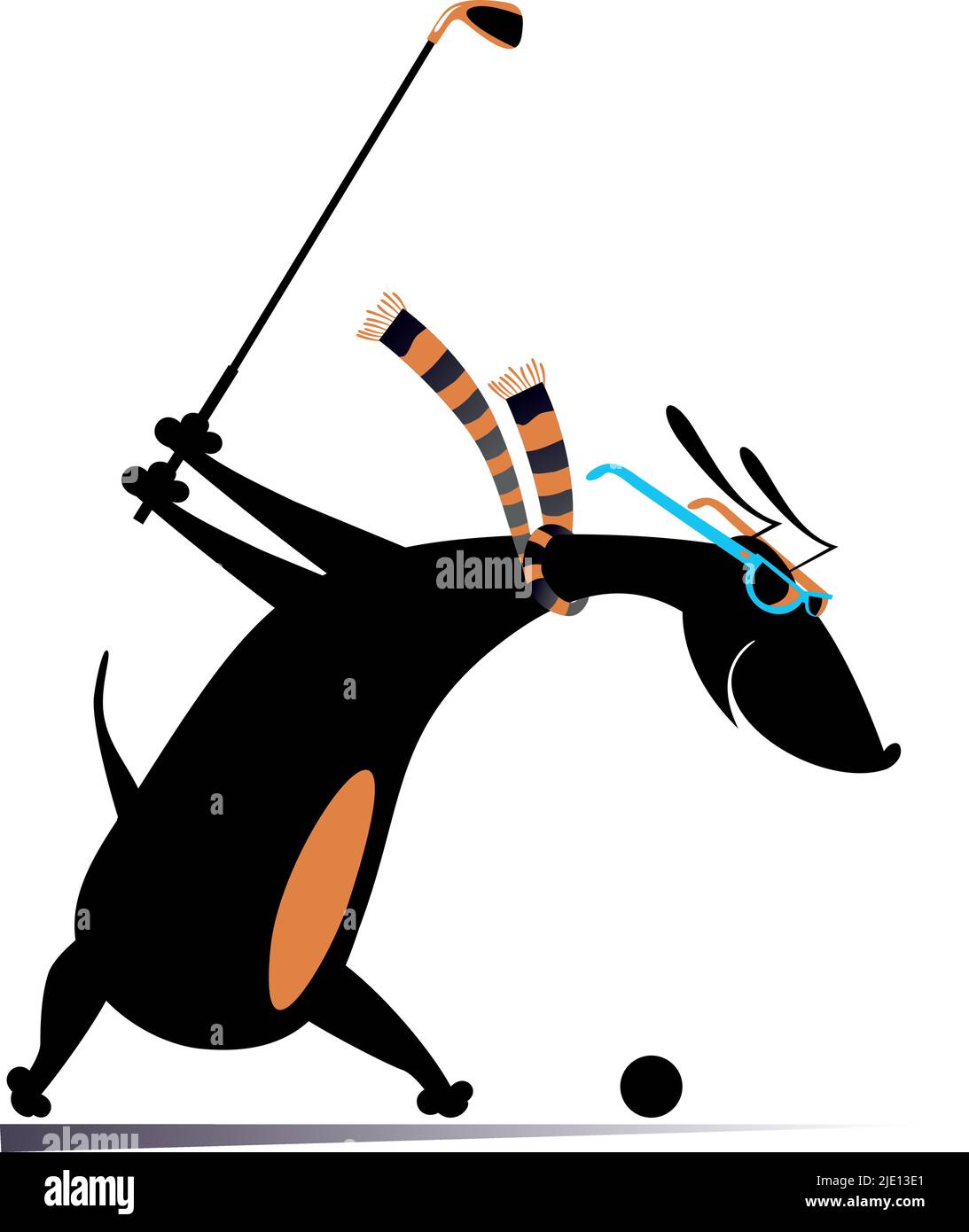 Cartoon dog plays golf. Funny dog holding a golf club and trying to do ...