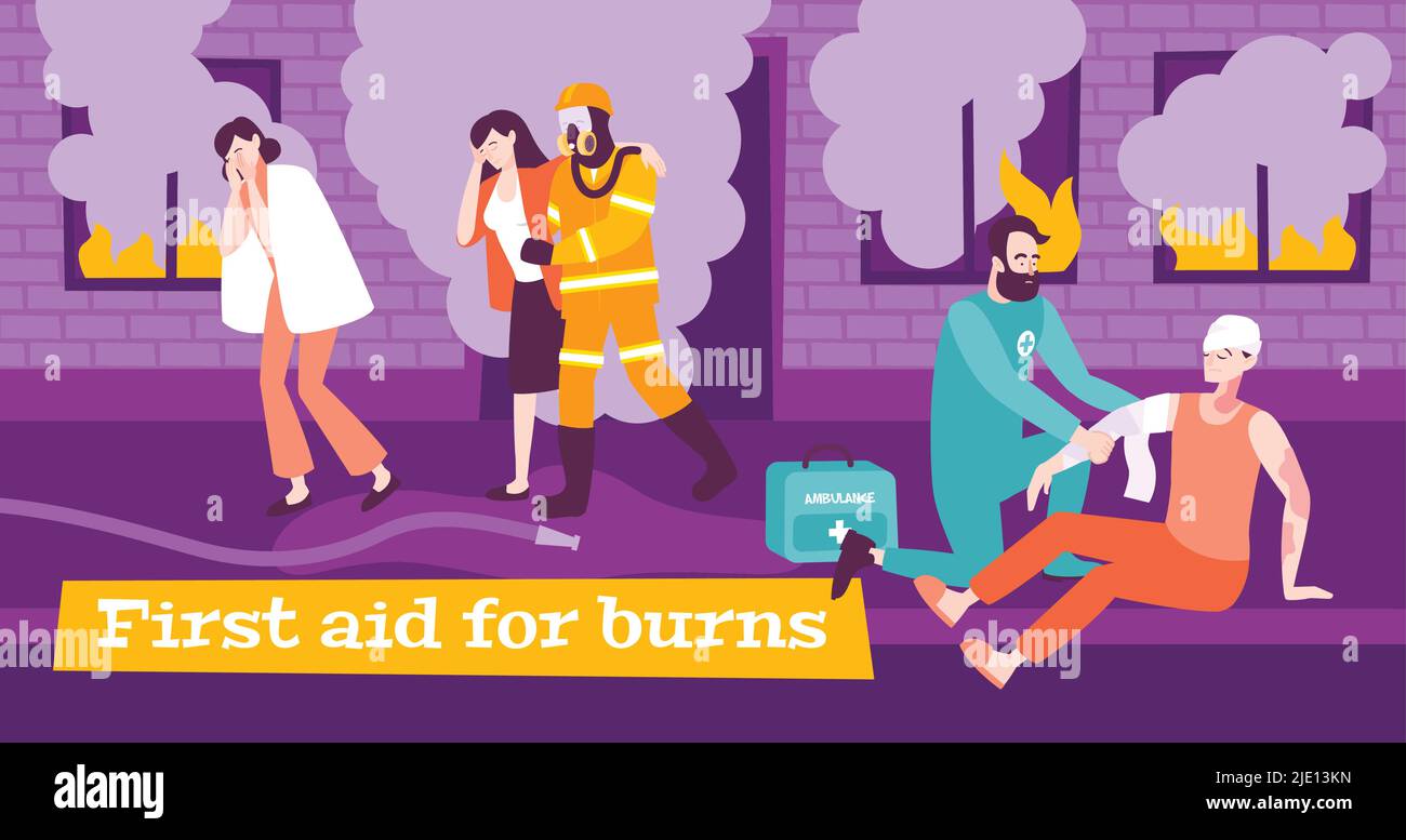First aid burn flat composition with text and fire ravaged people with ...