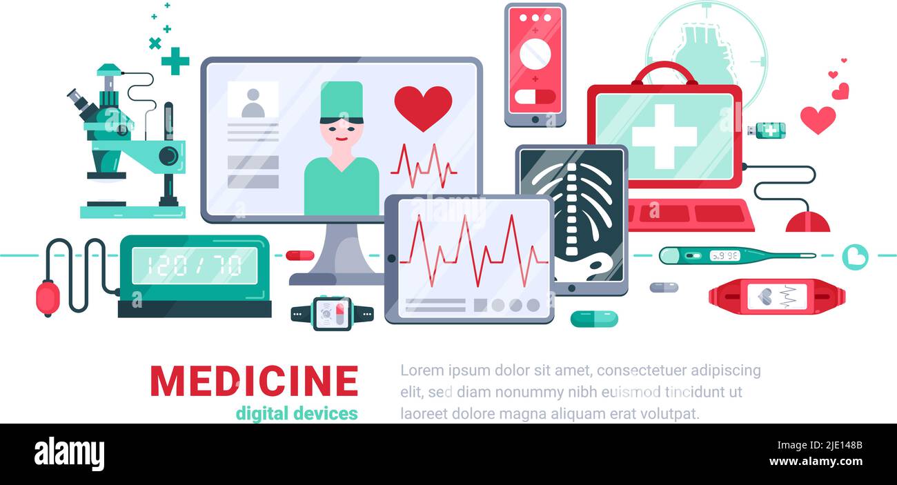 Flat digital medicine white background or banner with digital devices ...