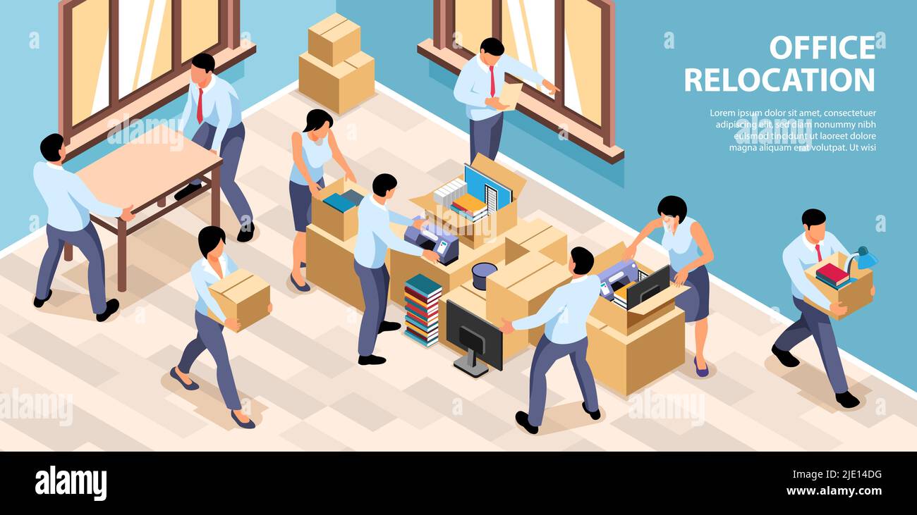 Isometric office move horizontal background indoor composition with ...