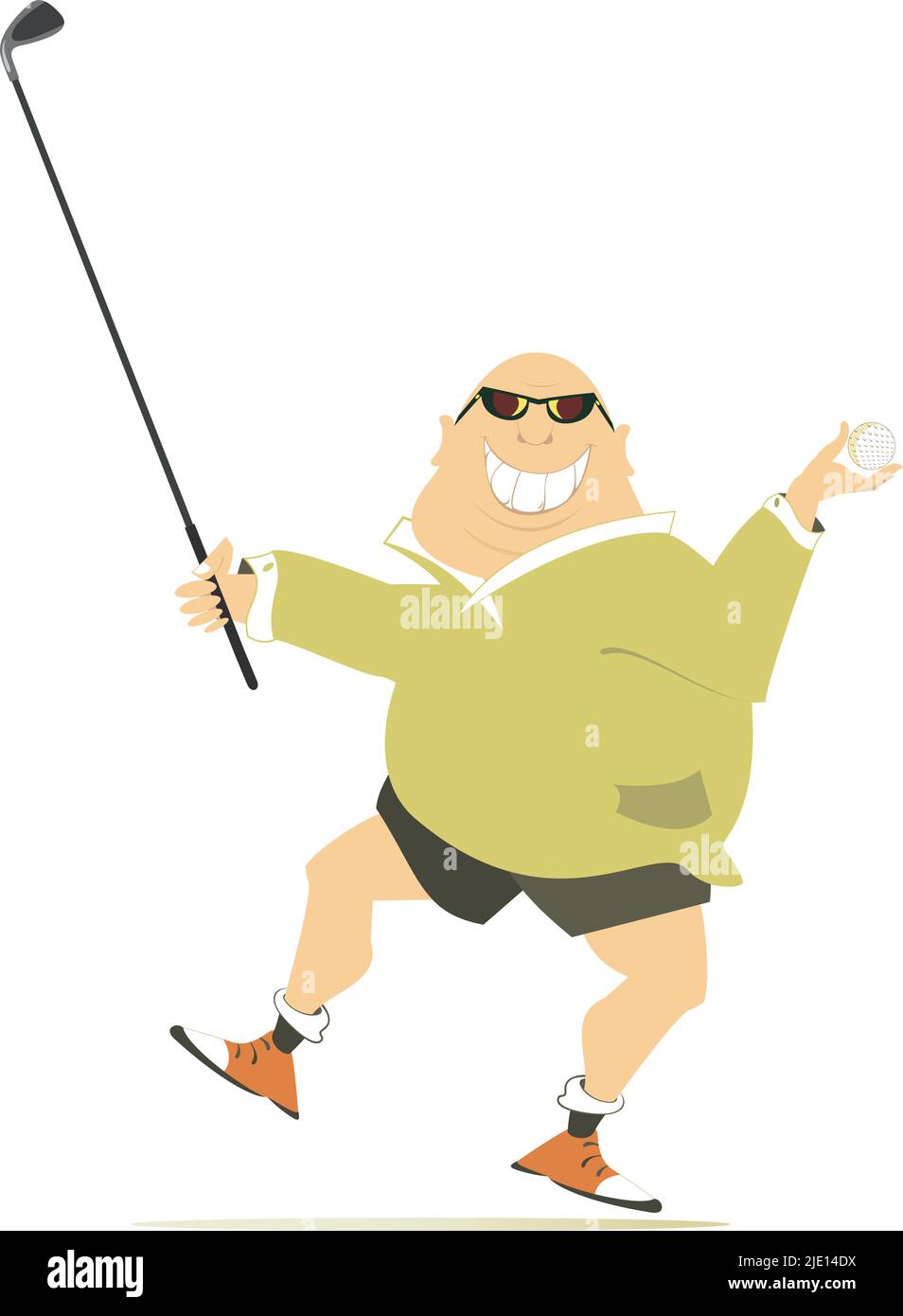 Cartoon golfer man on the golf course illustration. Dancing fat bald ...