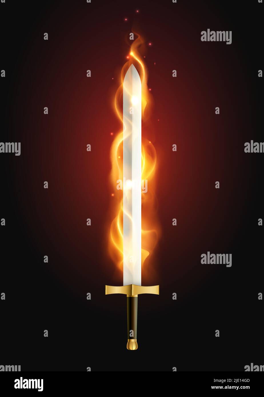 Legendary sword glowing with flame fire breathing weapon mythology ...