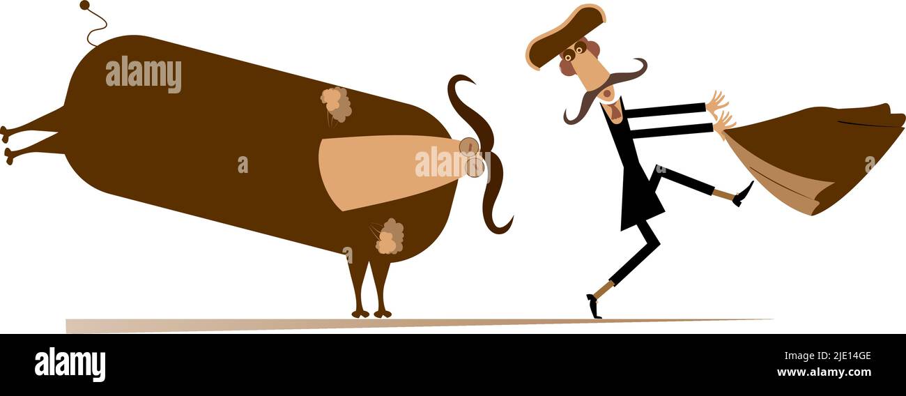 Bullfight. Bull pursues a scared bullfighter who holding matador cape ...