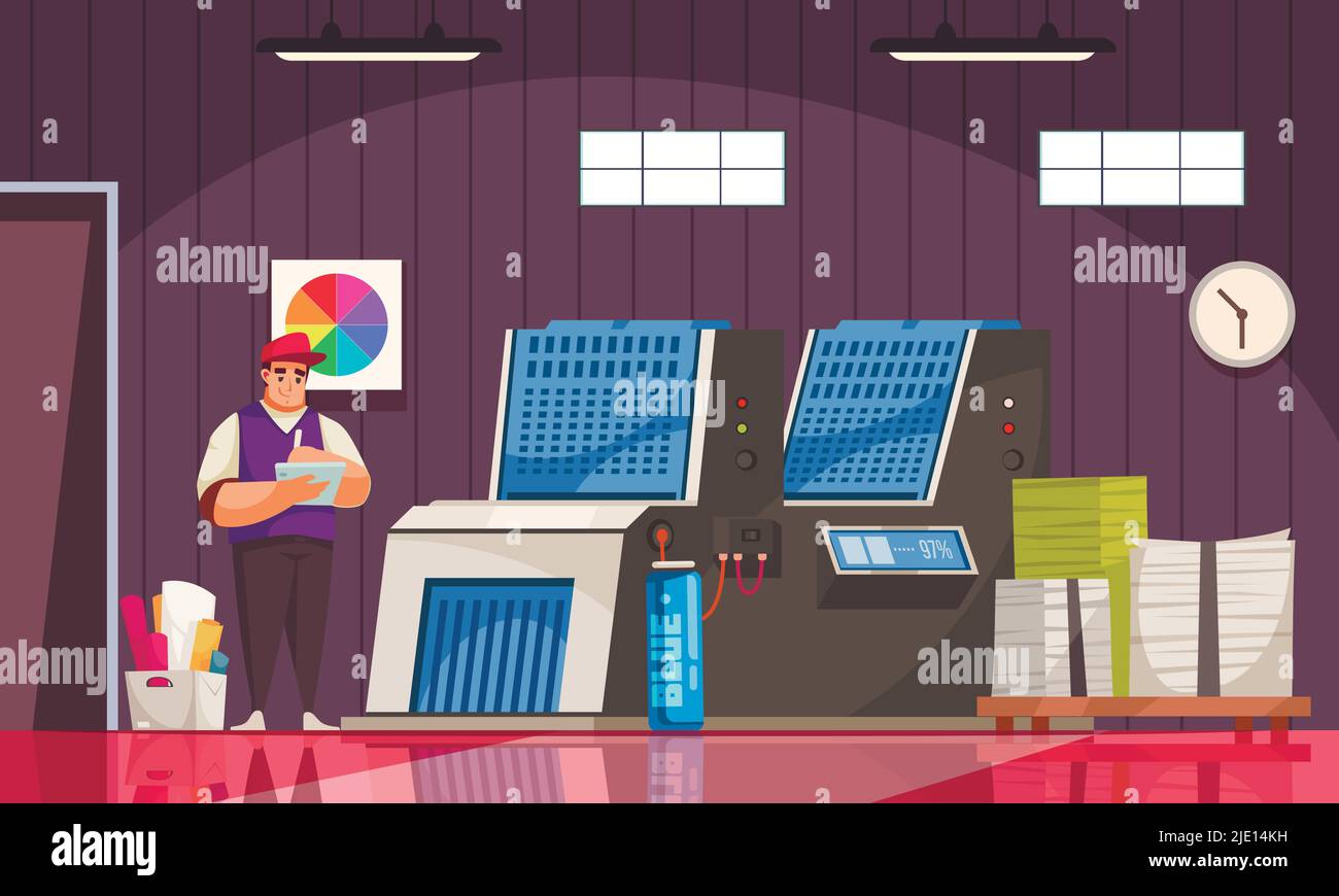 Polygraphy equipment printer printed paper stacks and worker in uniform ...