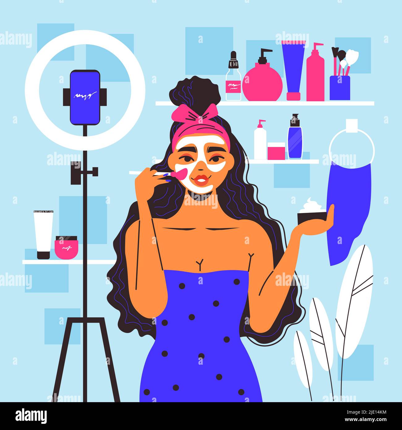 Cosmetology woman composition with view of makeup space with creams ...