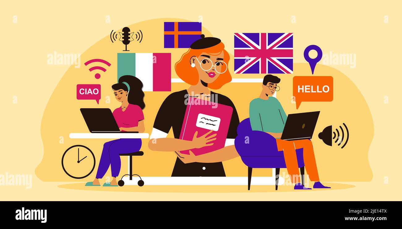 Language course school composition with characters of students with ...