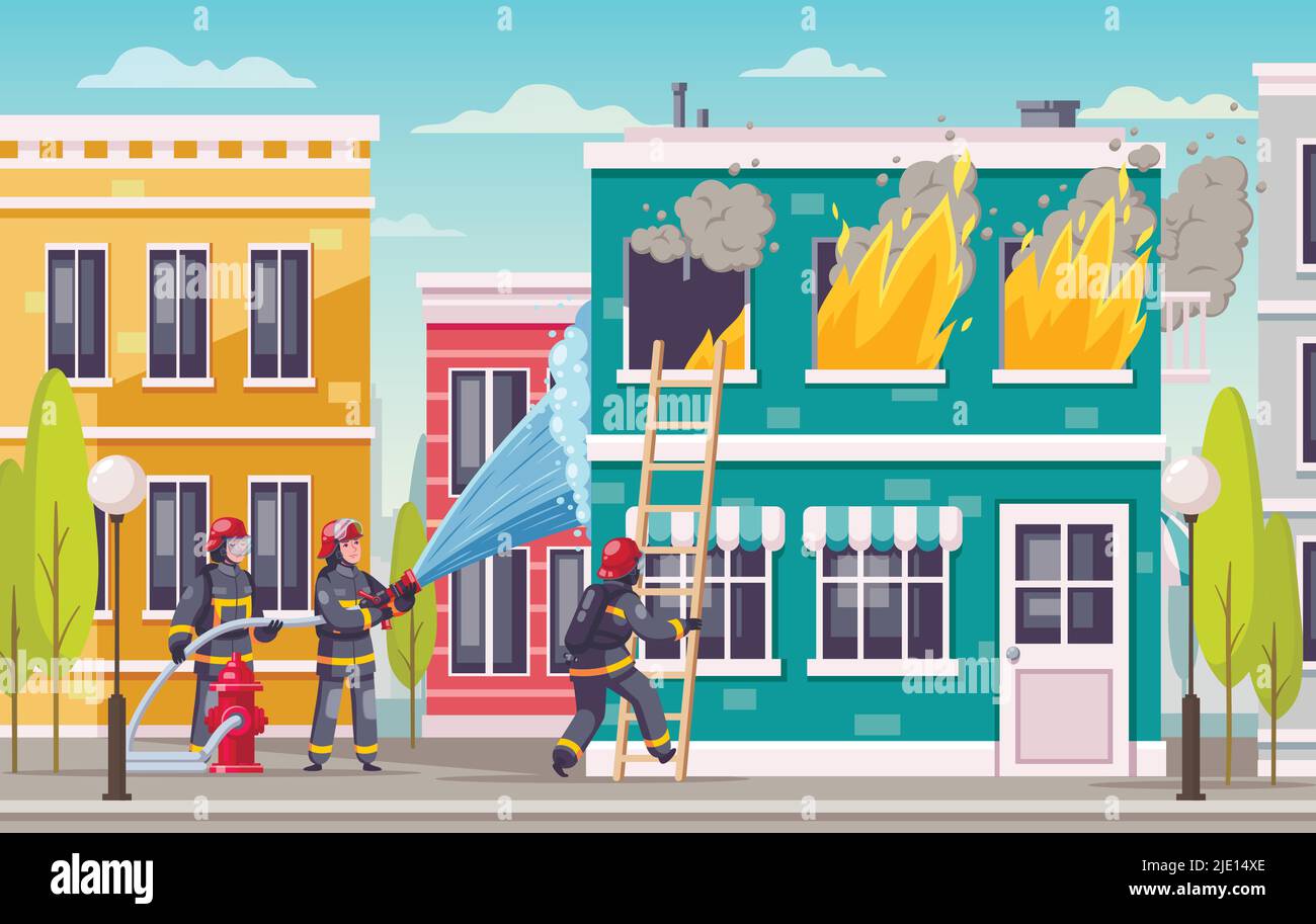 Firefighters cartoon composition of urban landscape with modern ...