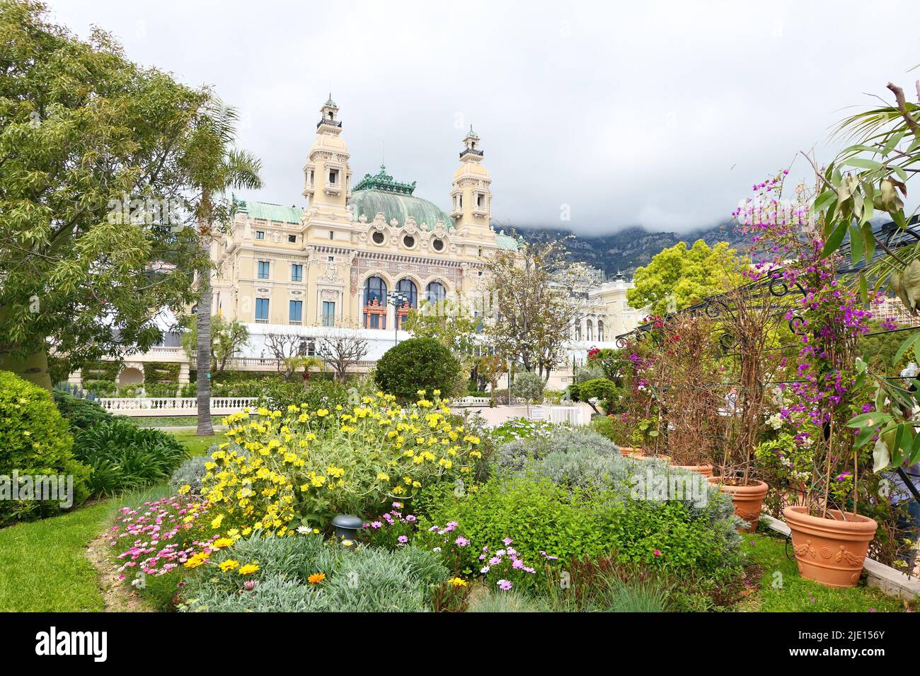 Monte Carlo Casino and beautiful flower garden in Monaco. Monaco park ...