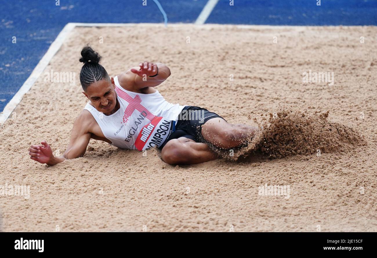 Elliot Thompson in the Men's Decathlon Long Jump during day one of the ...