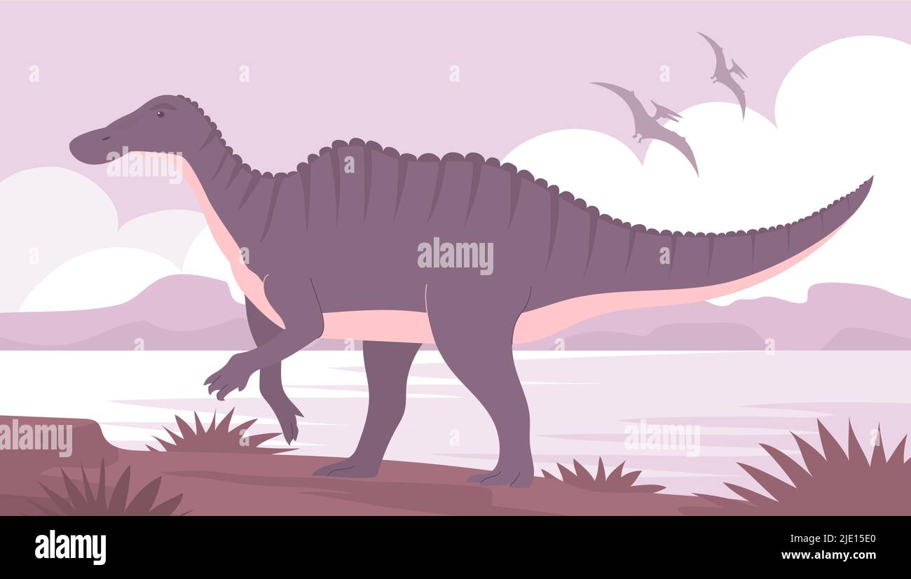 Big hadrosaurus. Bathes in water. Ancient lizard. Herbivorous dinosaur ...