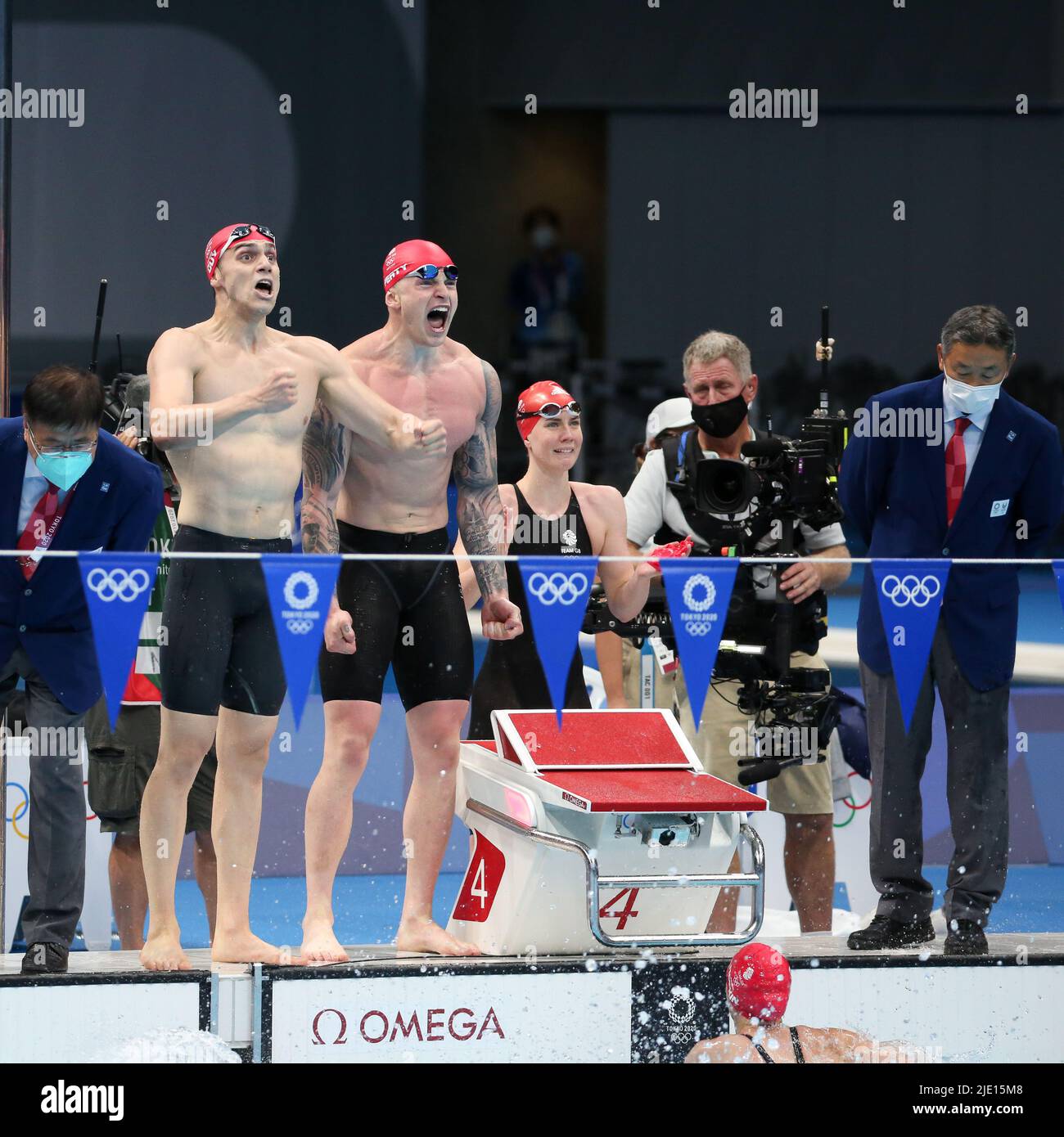 JULY 31st, 2021 - TOKYO, JAPAN: Kathleen Dawson, Adam Peaty, James Guy and Anna Hopkin of Great ...