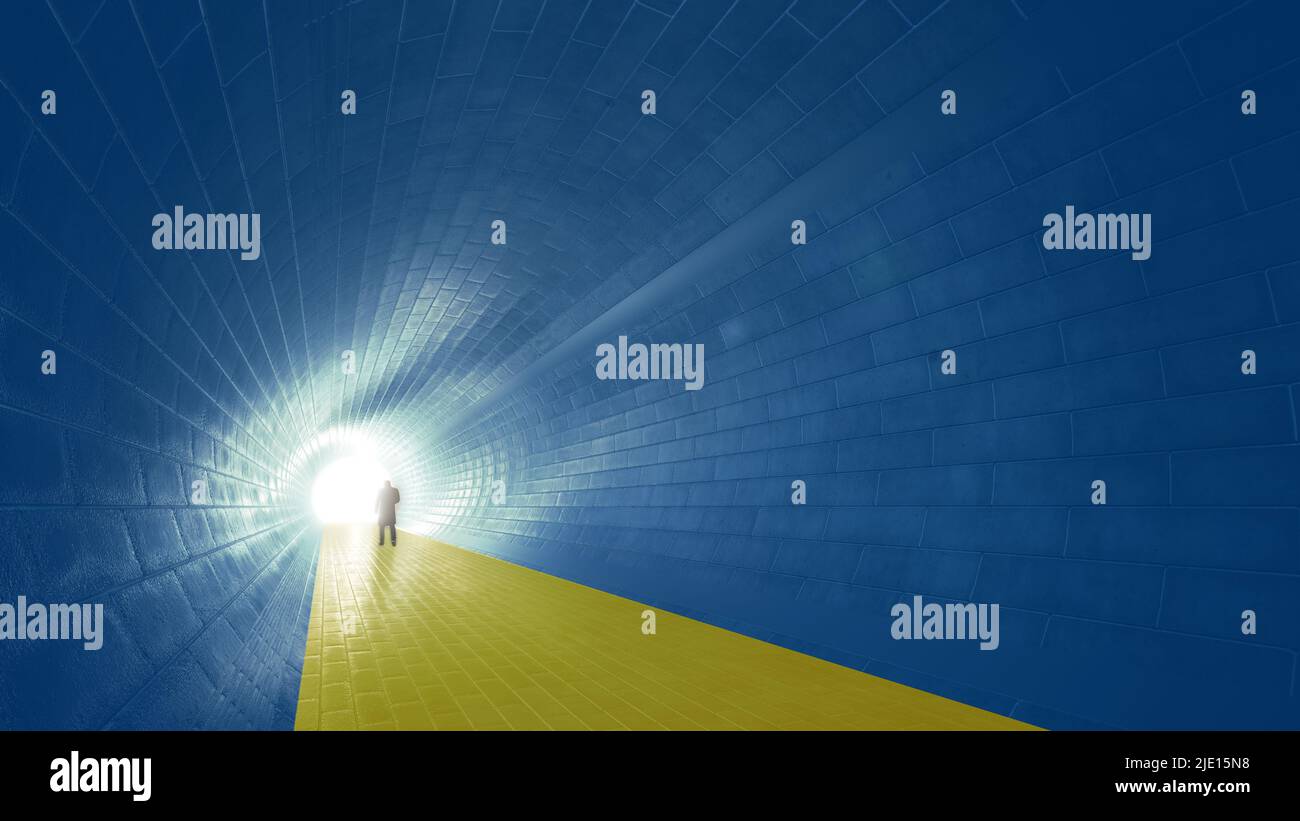 Concept or conceptual blue and yellow tunnel, the Ukrainian flag, with ...
