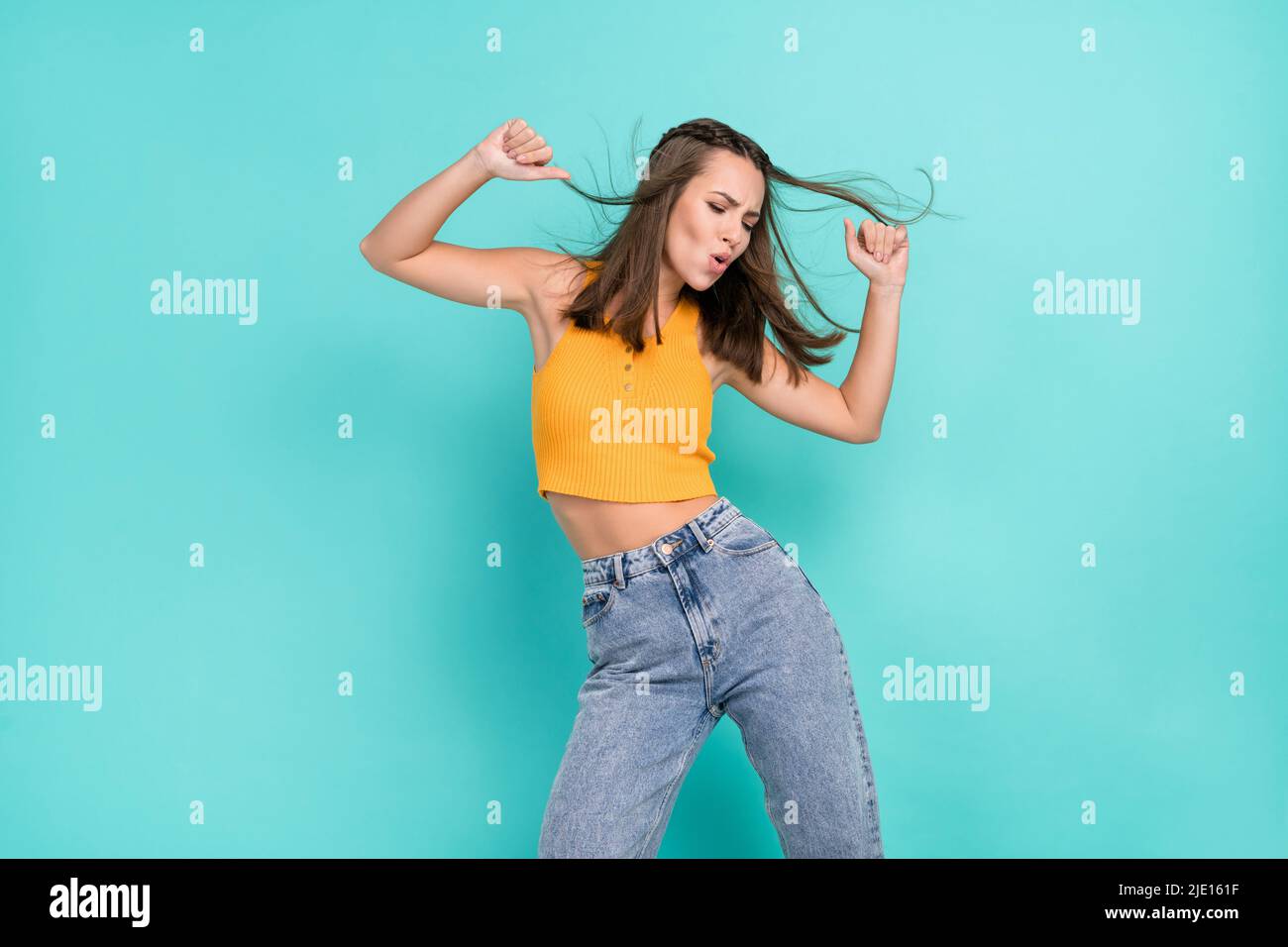 Portrait of satisfied crazy young lady closed eyes raise hands enjoy ...