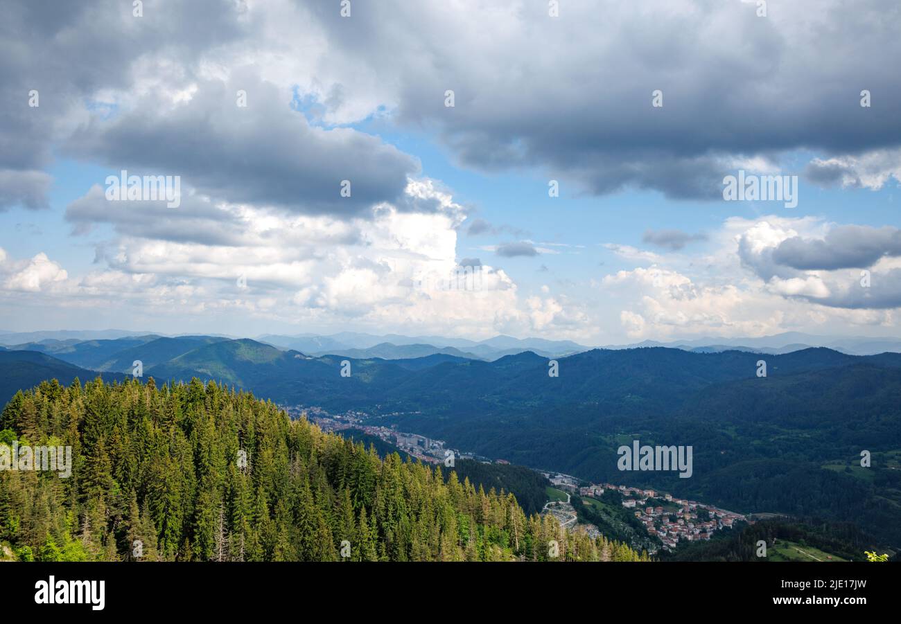 High rocky wild mountain range of Rhodope Mountains covered with green ...