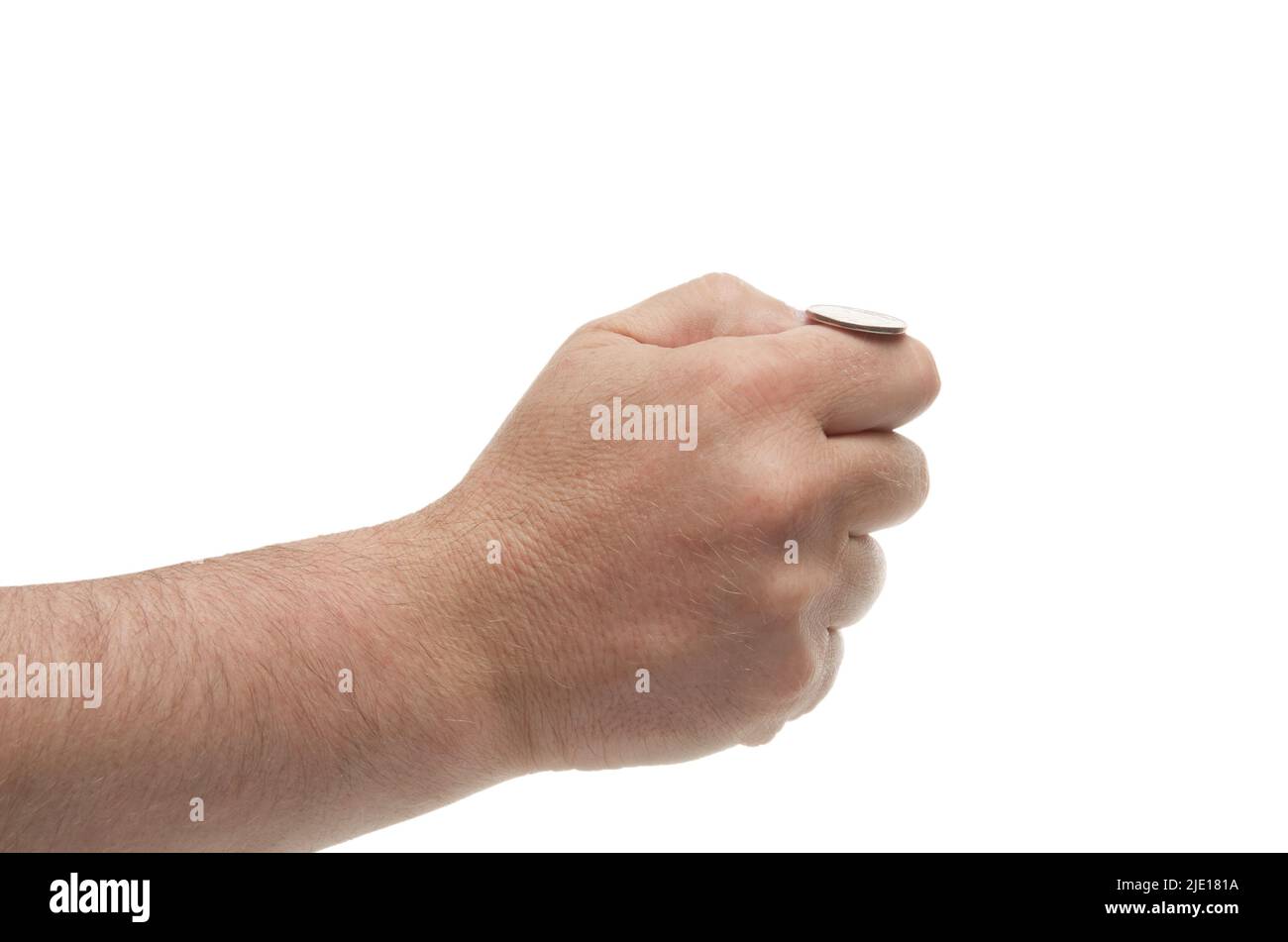 Making choice: hand throwing up a coin, isolated on white background ...