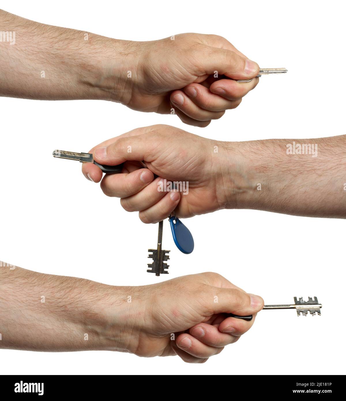 Man hands with different keys. Isolaned on white background with ...