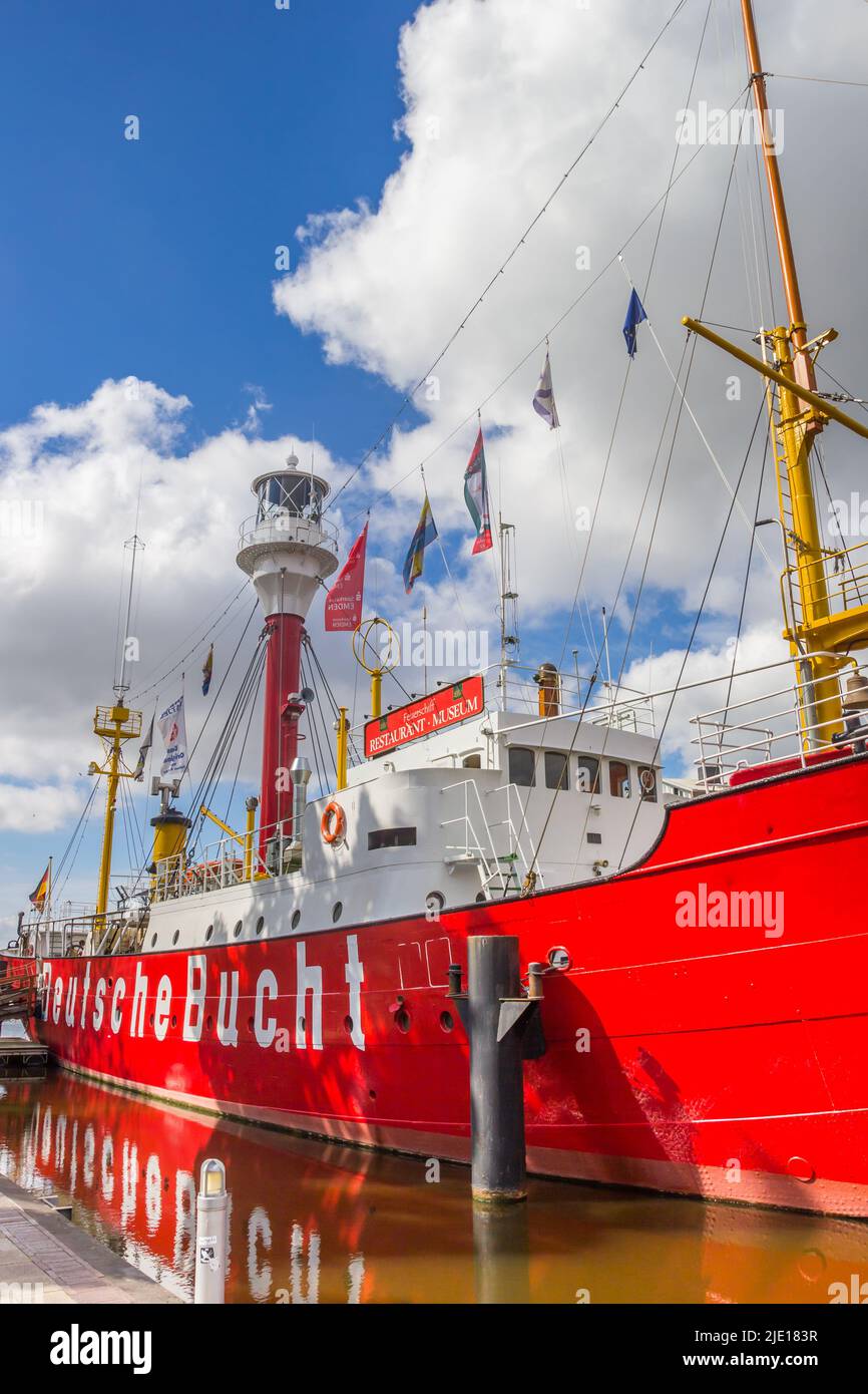 Historic red ship, now restaurant at the Ratsdelft harbor of Emden ...