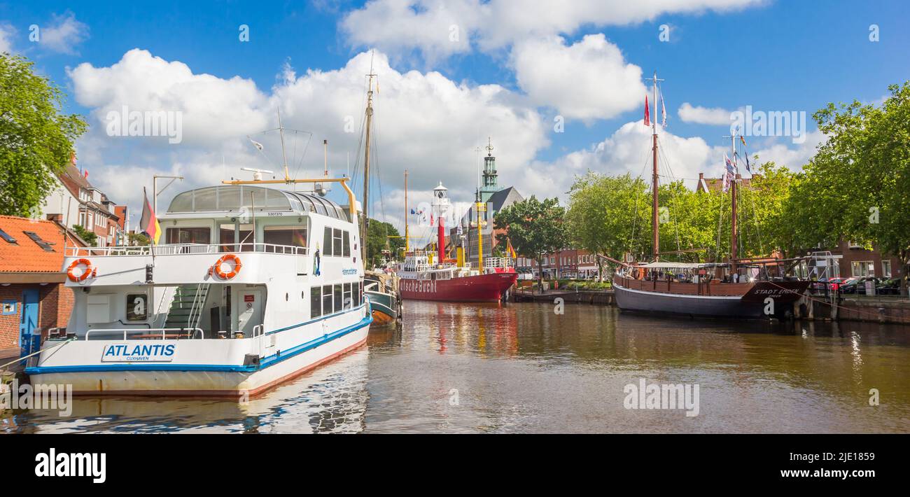 Panorama of ships in the Ratsdelft harbor of Emden, Germany Stock Photo ...