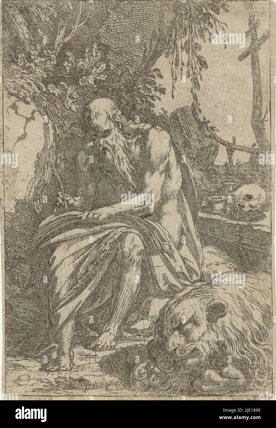 Hieronymus in the wilderness, Saint Hieronymus sits writing. Next to ...