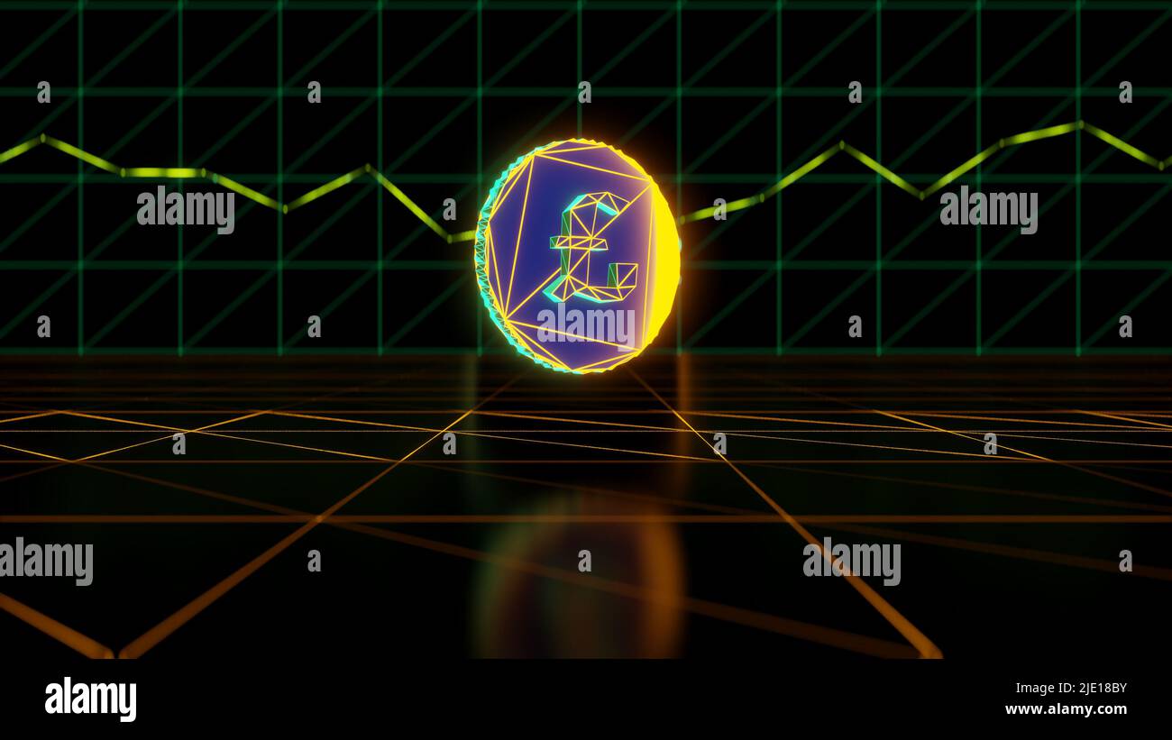 Digital pound coin floating on digital surface, growth chart in ...