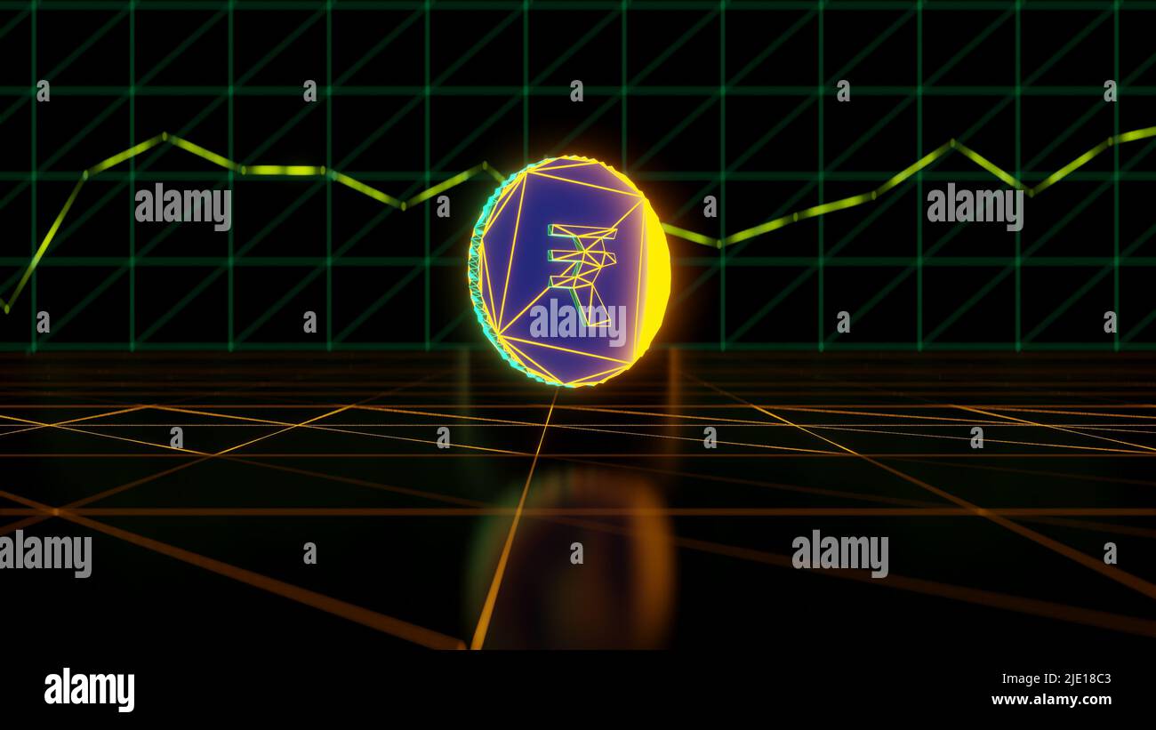 Digital Rupee coin floating on digital surface, growth chart in ...