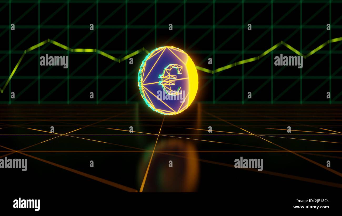 Digital Euro coin floating on digital surface, growth chart in ...