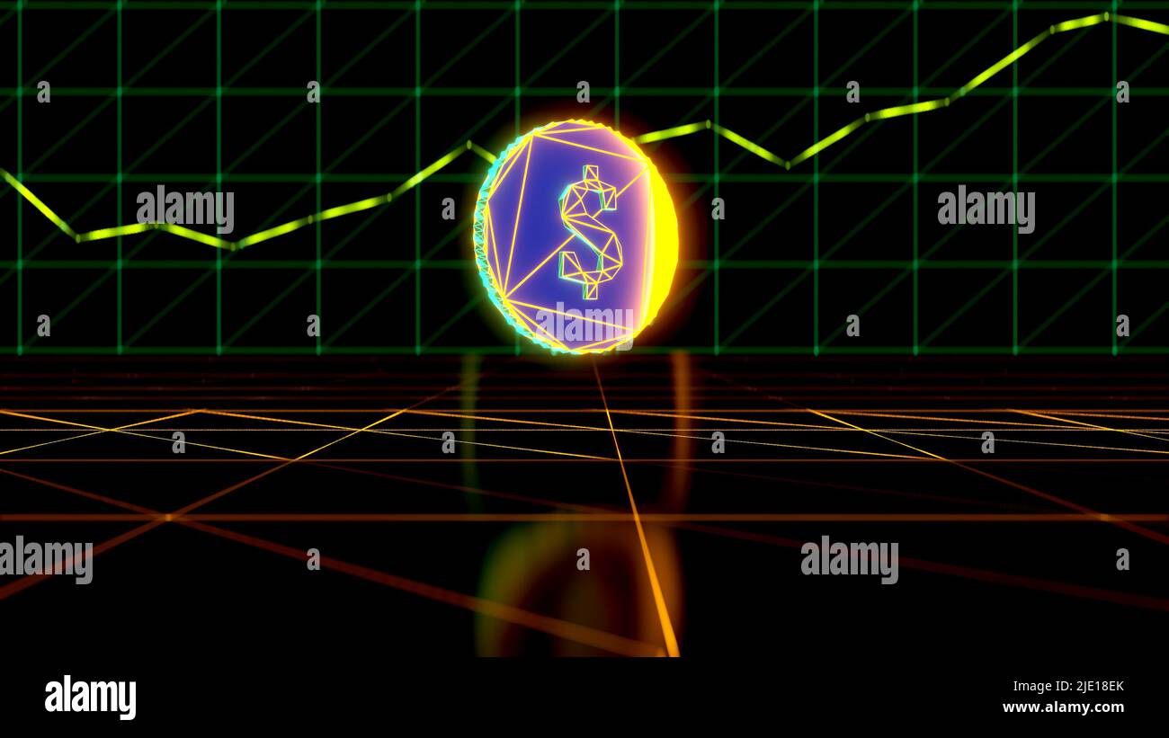 Digital dollar coin floating on digital surface, growth chart in ...