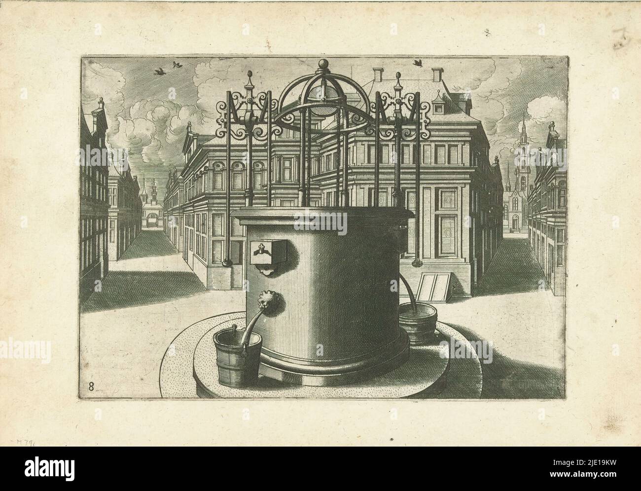 High round well with iron ornamental enclosure and two pumping cranks ...