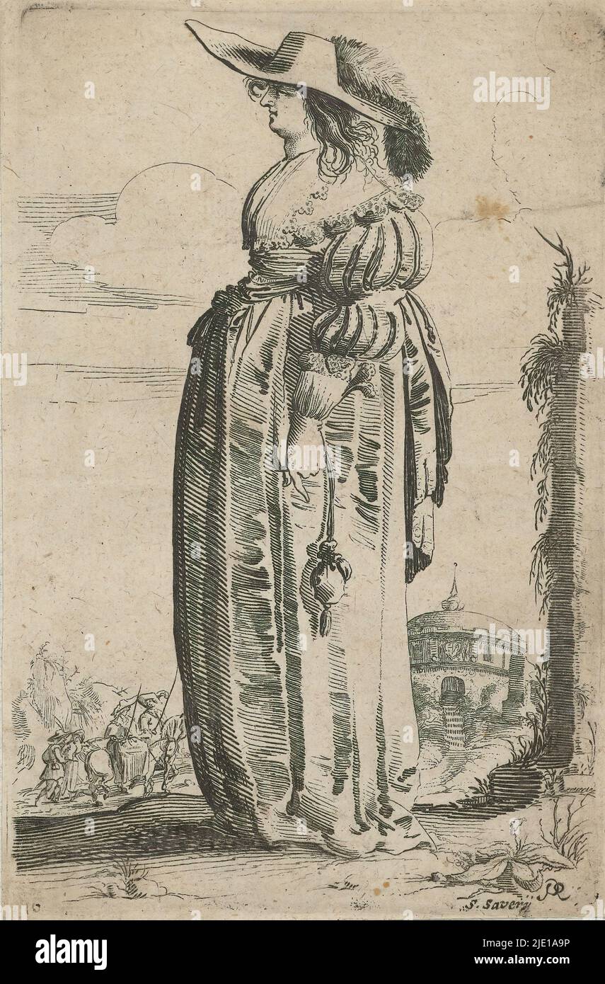 Woman, dressed according to the fashion of about 1620, to the left ...