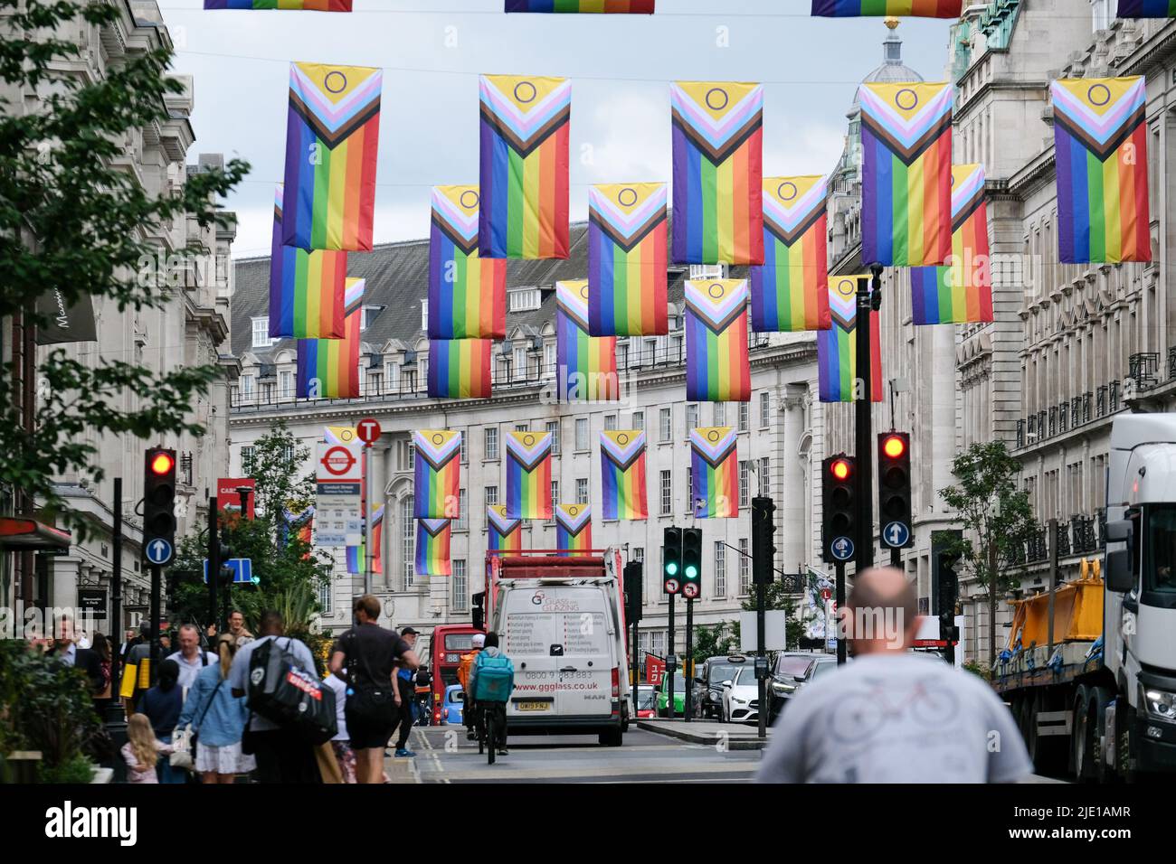 Regent Street, London, UK. 24th June 2022. Pride flags on London's ...