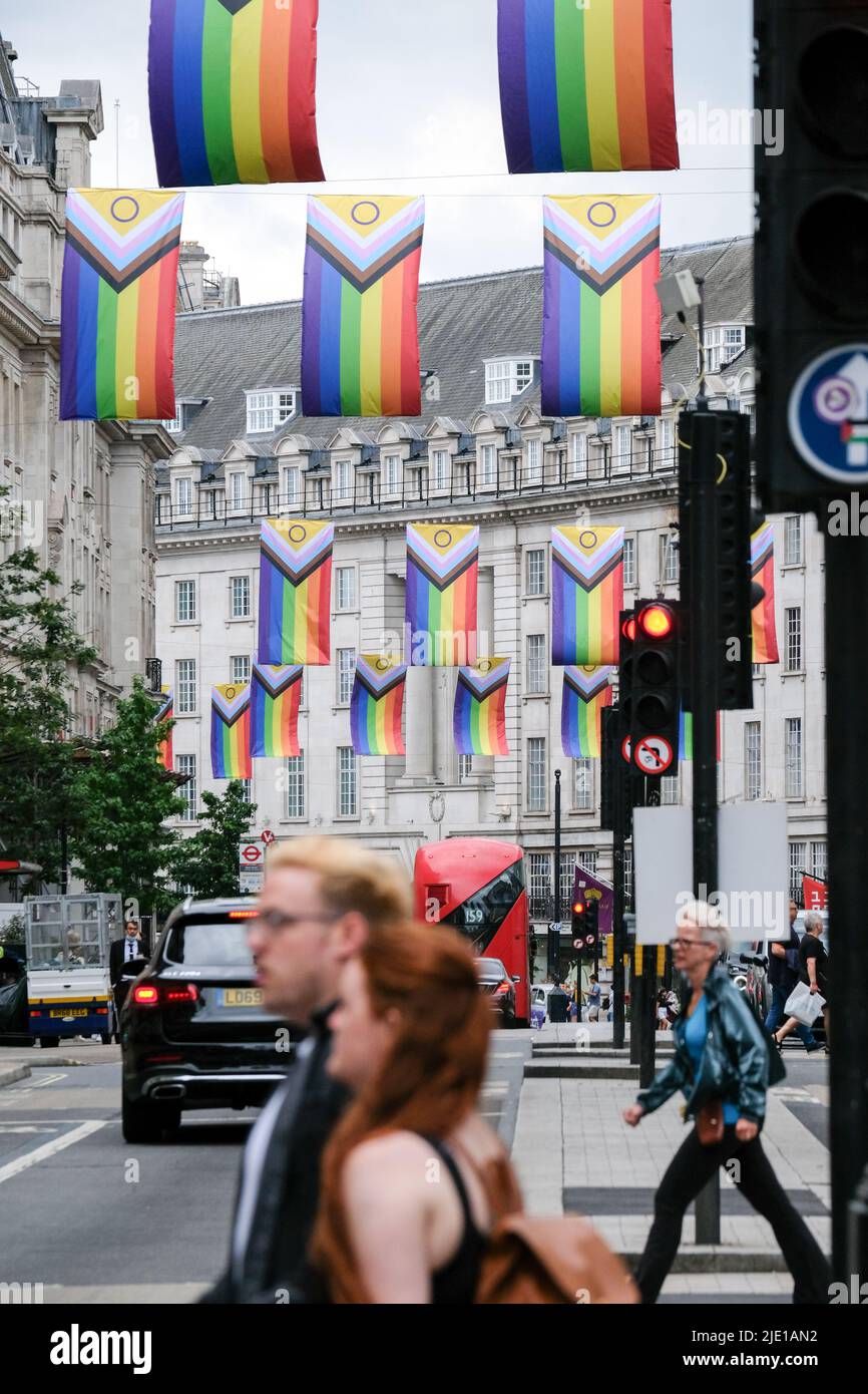 Regent Street, London, UK. 24th June 2022. Pride flags on London's ...