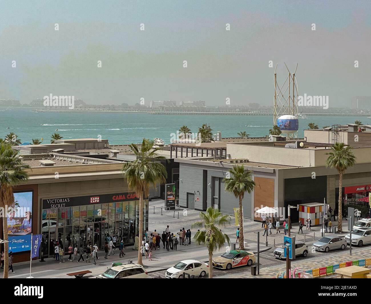 High view of Dubai waterfront complex, retail stores, restaurants and ...