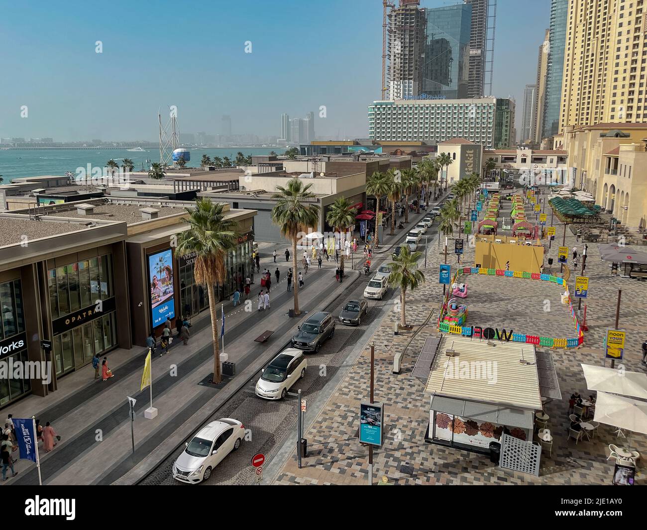 High view of Dubai waterfront complex, retail stores, restaurants and ...