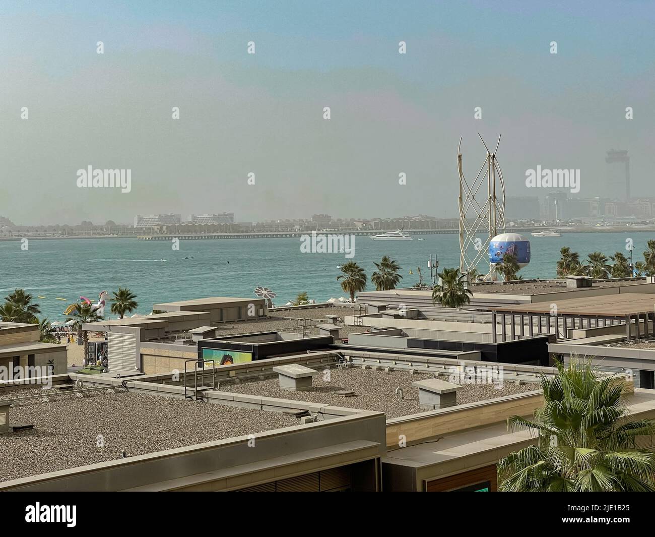 High view of Dubai waterfront complex, retail stores, restaurants and ...