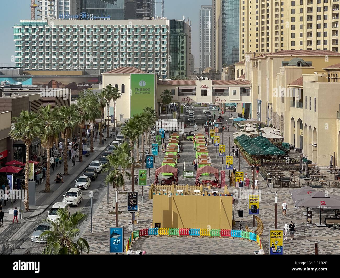 High view of Dubai waterfront complex, retail stores, restaurants and ...
