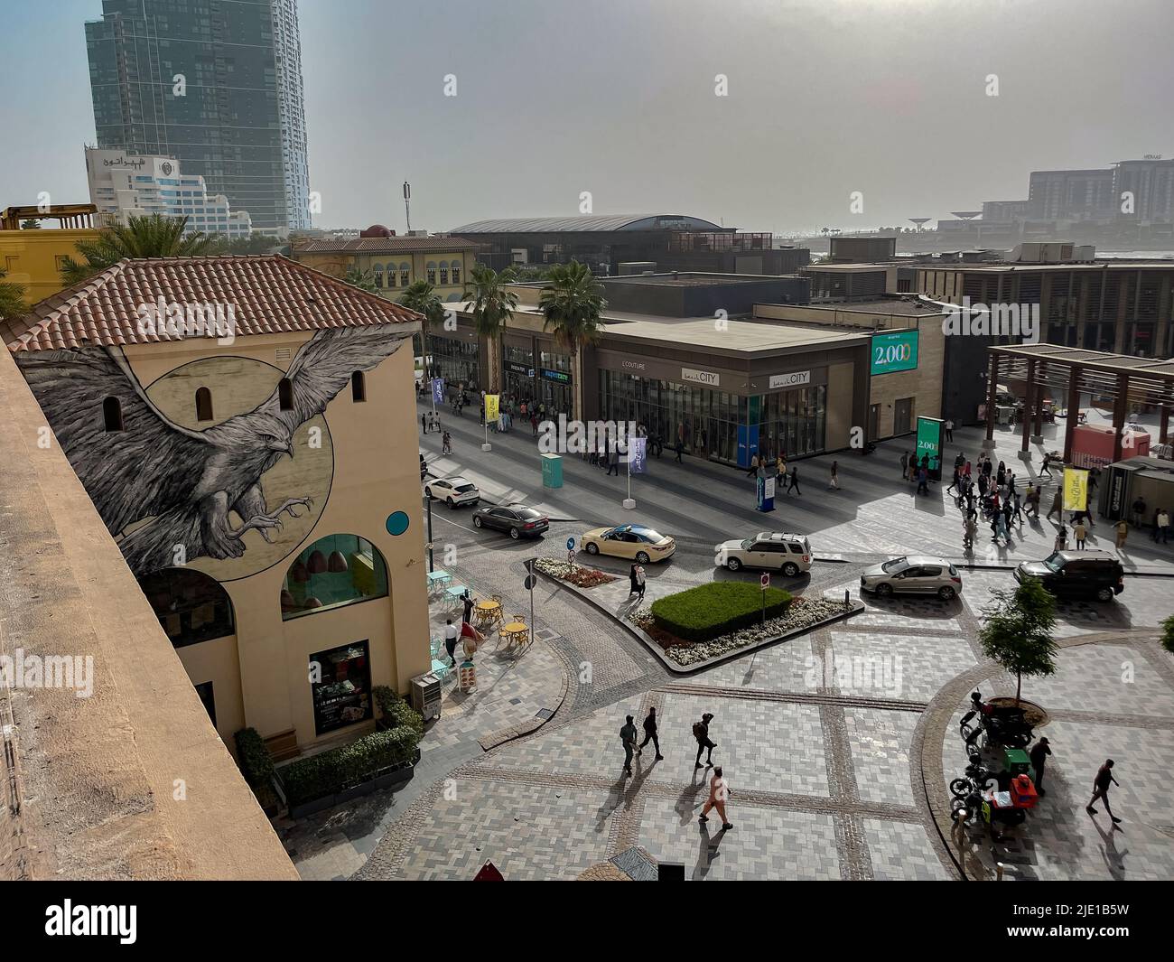 High view of Dubai waterfront complex, retail stores, restaurants and ...