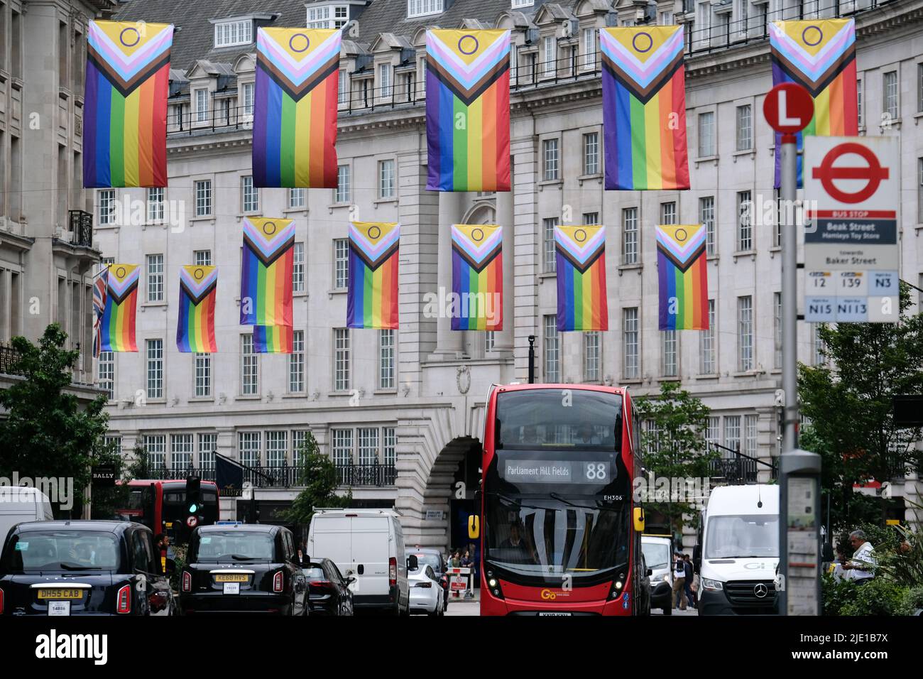 Regent Street, London, UK. 24th June 2022. Pride flags on London's ...
