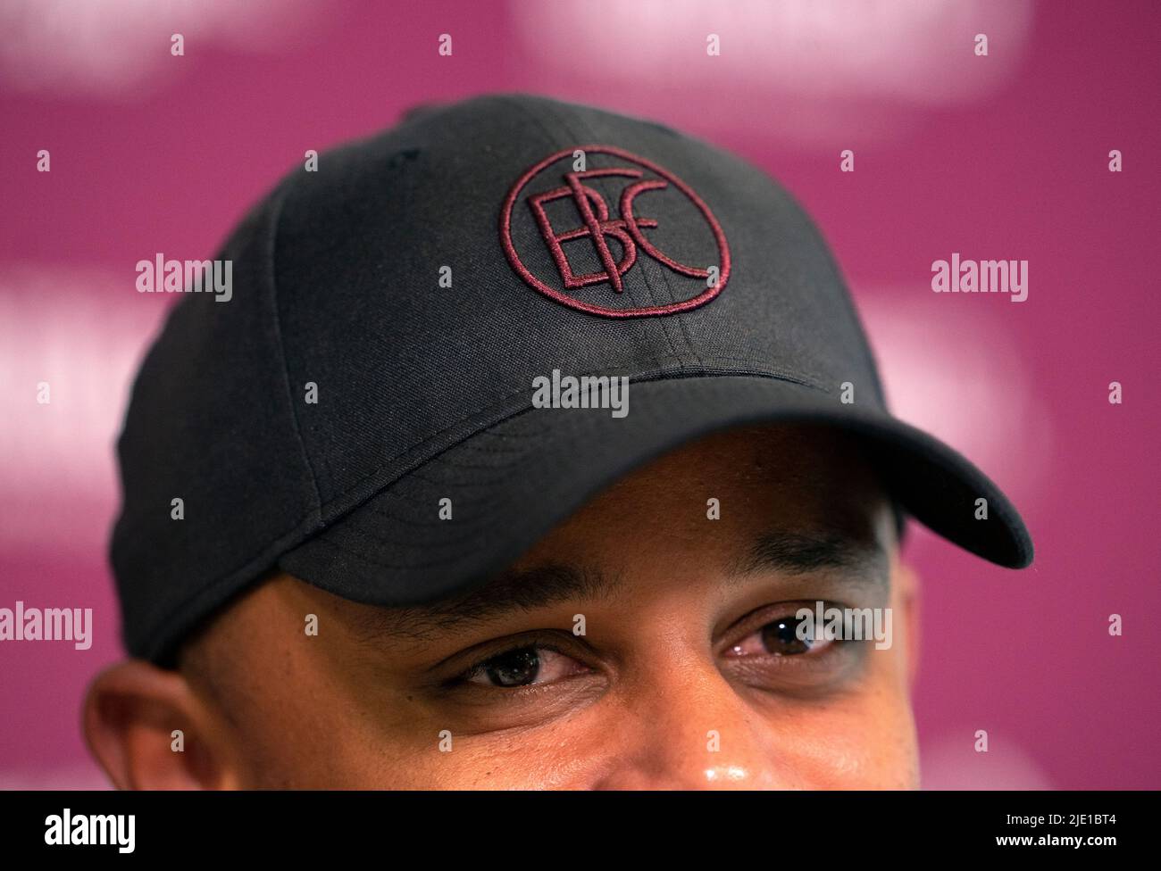 A detailed view of the hat of new Burnley manager Vincent Kompany ...