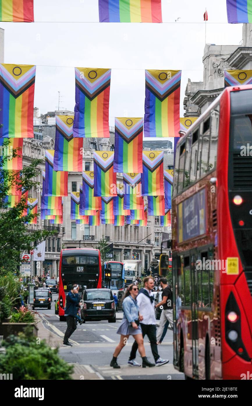 Regent Street, London, UK. 24th June 2022. Pride flags on London's ...