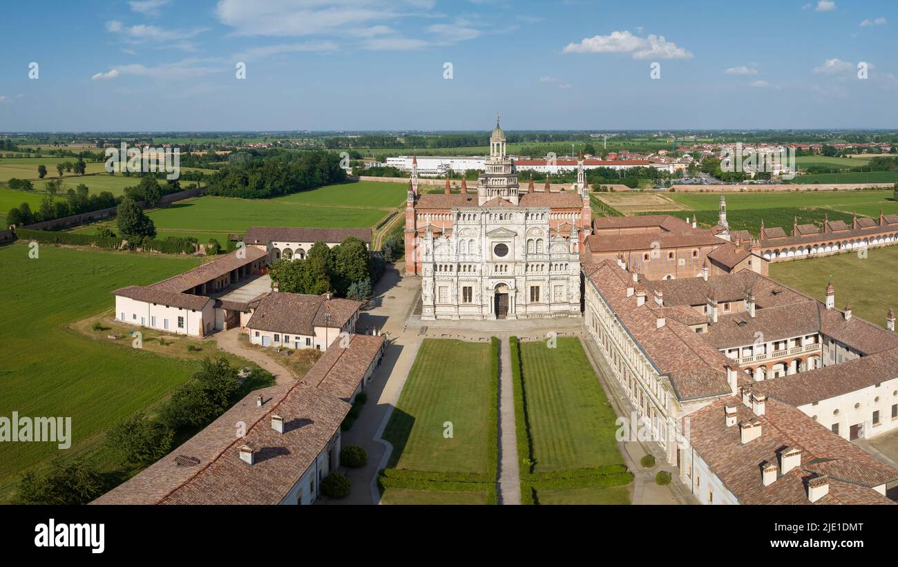 Aerial shot of the Certosa di Pavia at sunny day, built in the late ...