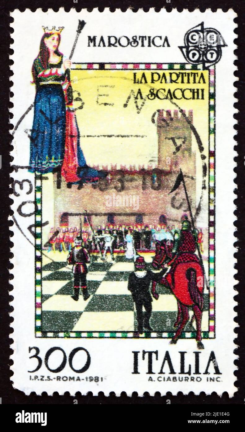 ITALY - CIRCA 1981: a stamp printed in Italy shows chess game with ...