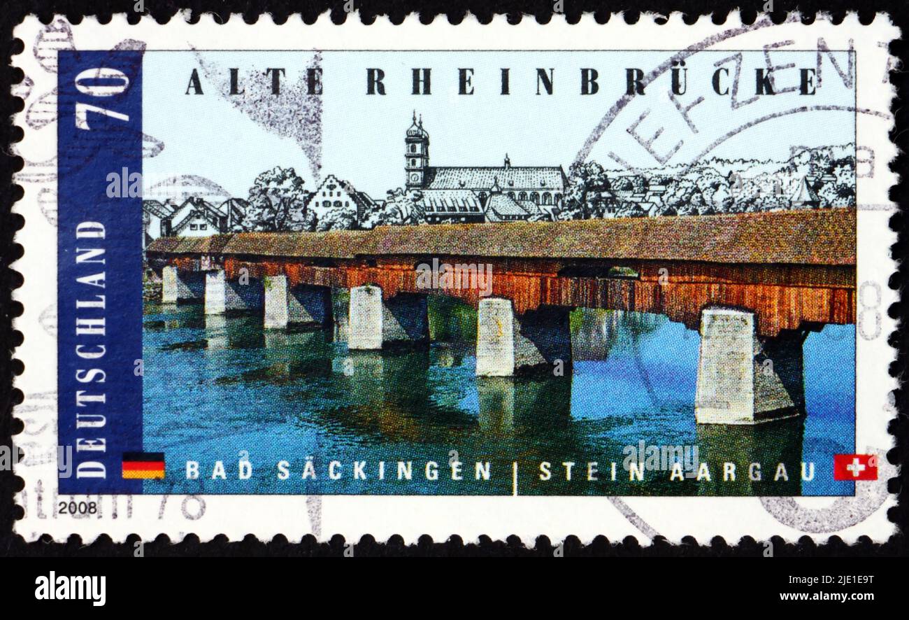 GERMANY - CIRCA 2008: a stamp printed in Germany shows Old Rhine Bridge ...