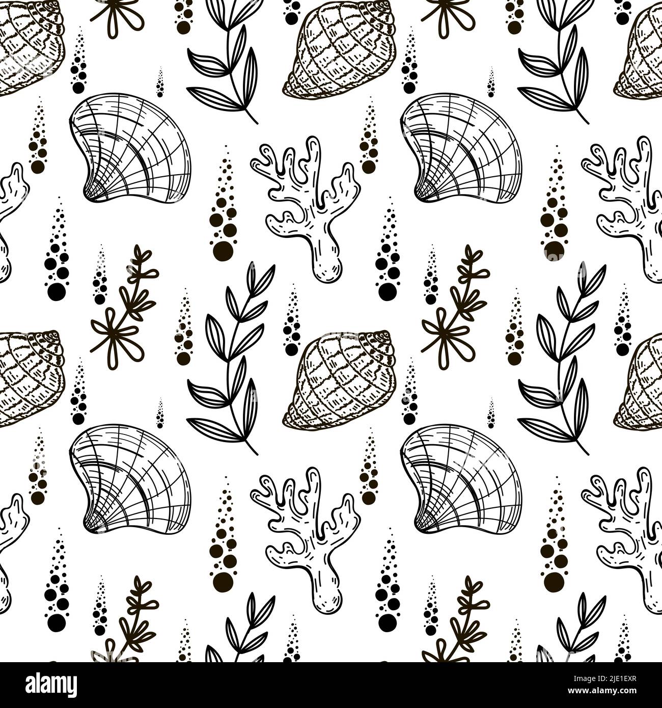 Seamless pattern, hand-drawn sea creatures in sketch style. Shells ...