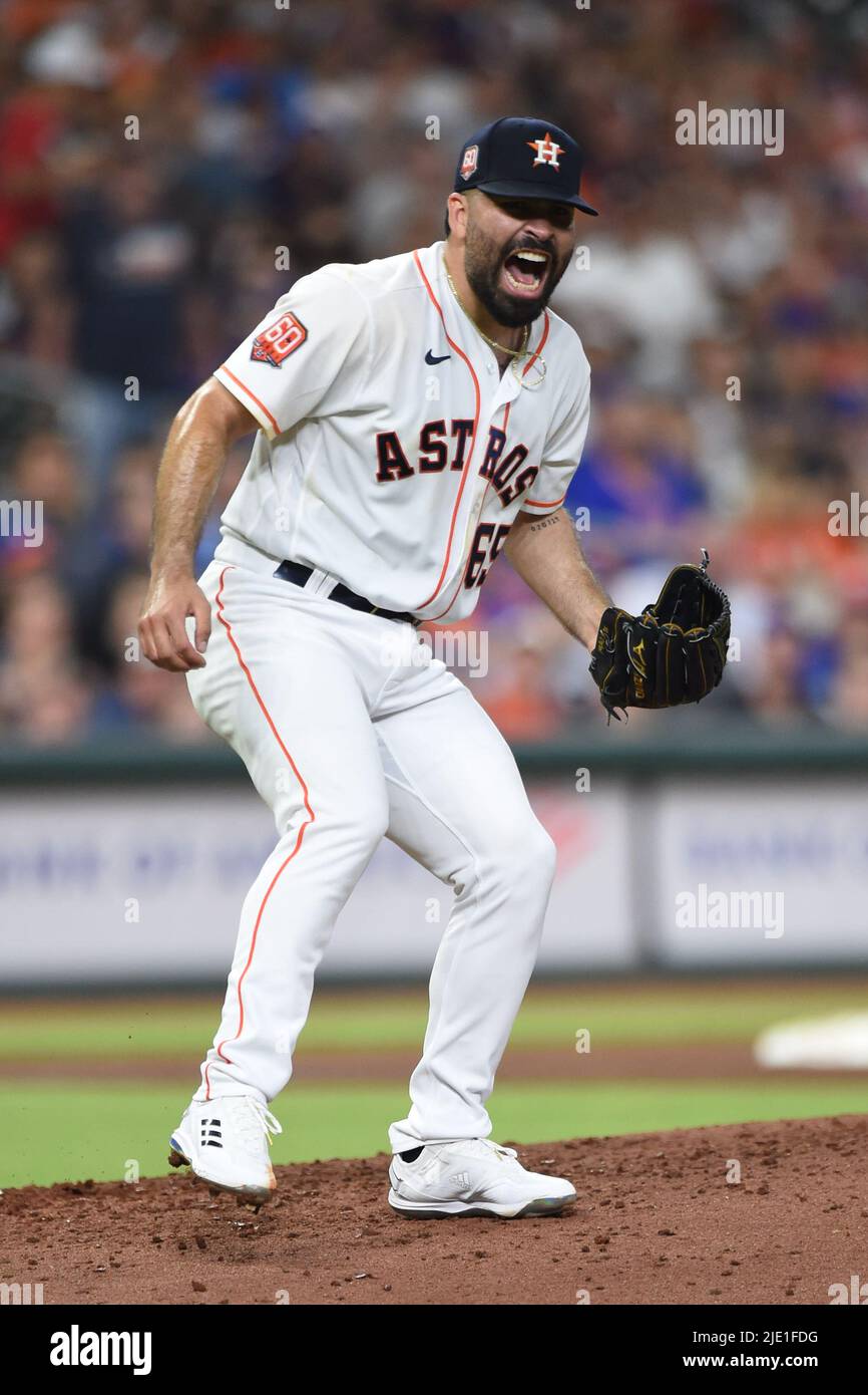 Houston Astros starting pitcher Jose Urquidy (65) reacts after striking ...