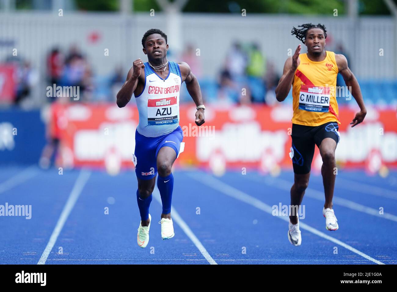 Jeremiah Azu (left) and Chad Miller in the Men's 100m Heats during day ...